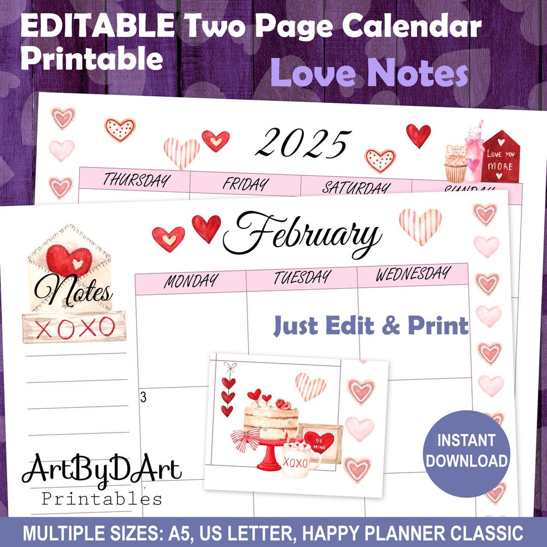 EDITABLE Valentine Theme Printable Monthly Calendar for A5, US Letter ...