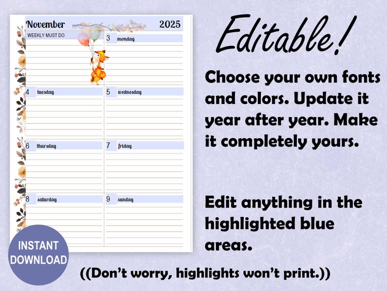 EDITABLE Autumn Fox Theme Printable Weekly Dashboard for A5, US Letter ...