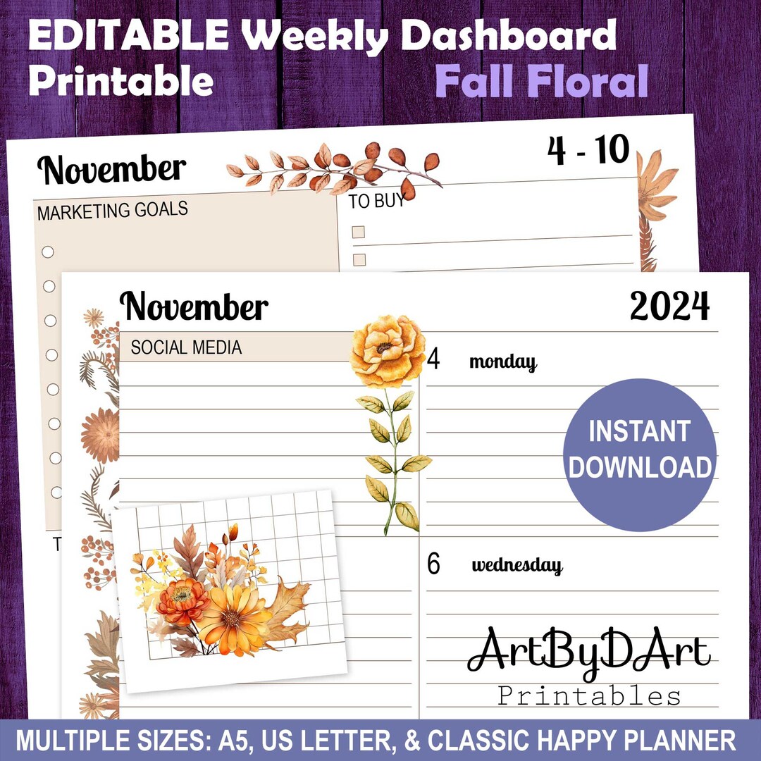EDITABLE Autumn Theme Printable Weekly Dashboard for A5, US Letter, and ...