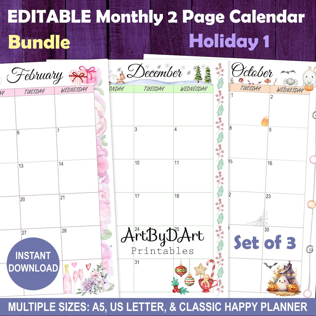 EDITABLE Holiday Printable Calendar Bundle of 3 Designs for A5, US ...
