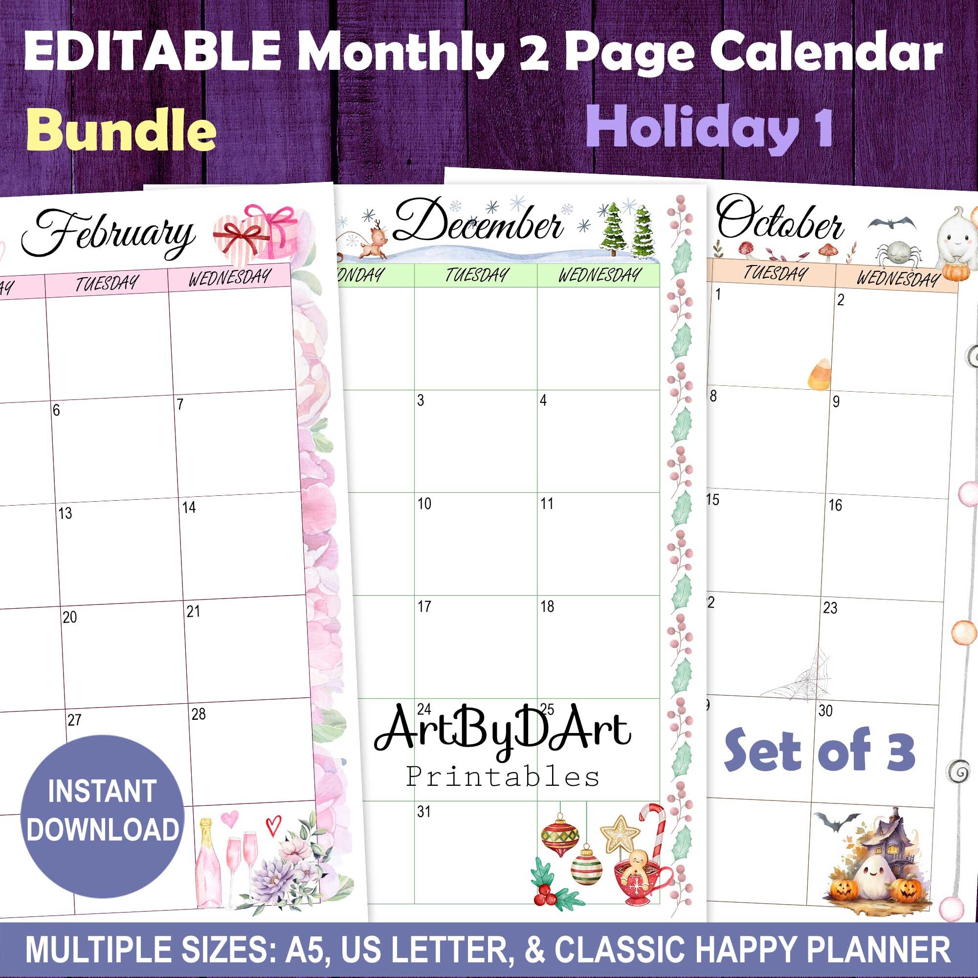 EDITABLE Holiday Printable Calendar Bundle of 3 Designs for A5, US ...