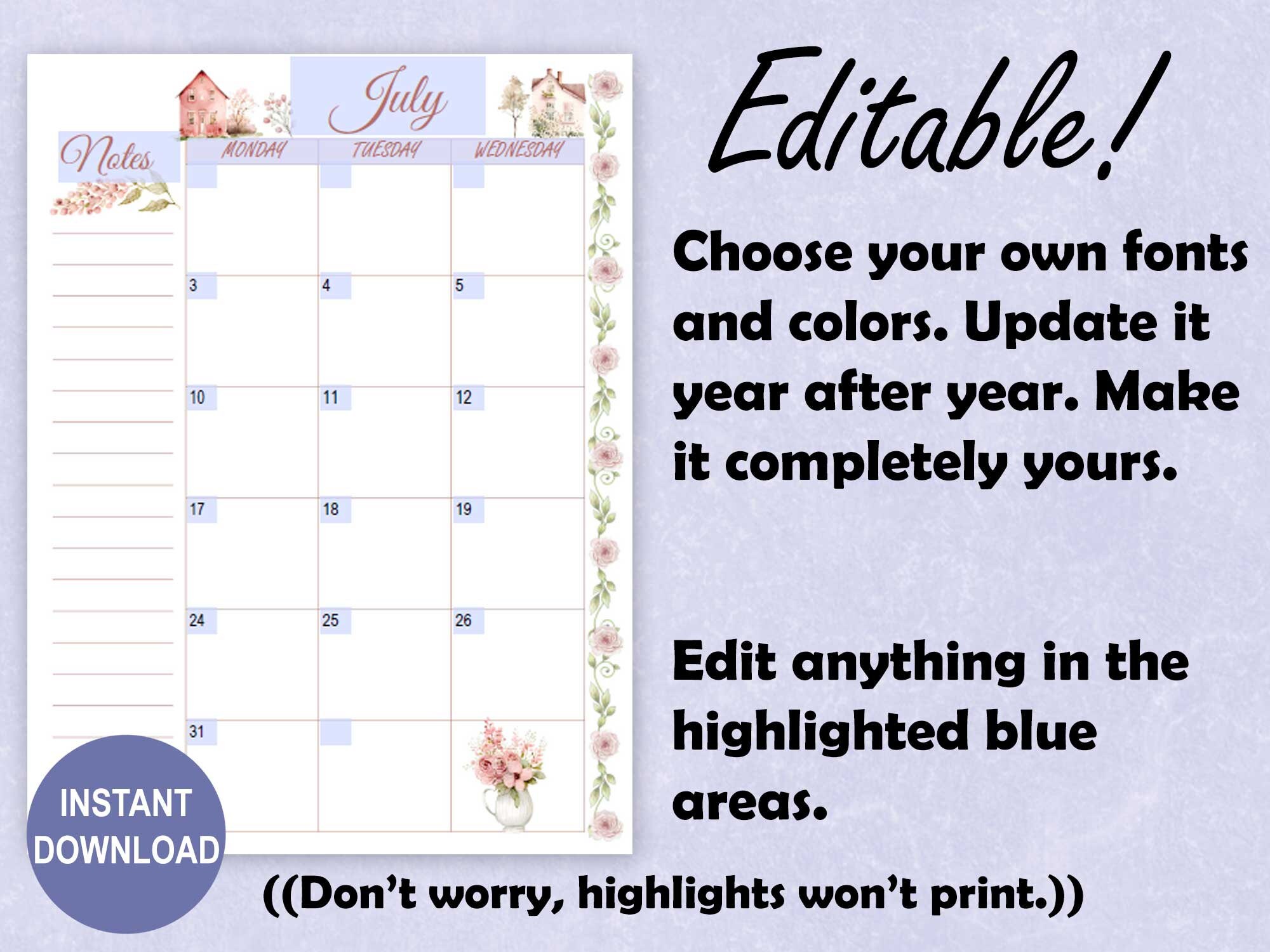 EDITABLE Shabby Chic Theme Printable Monthly Calendar for A5, US Letter ...