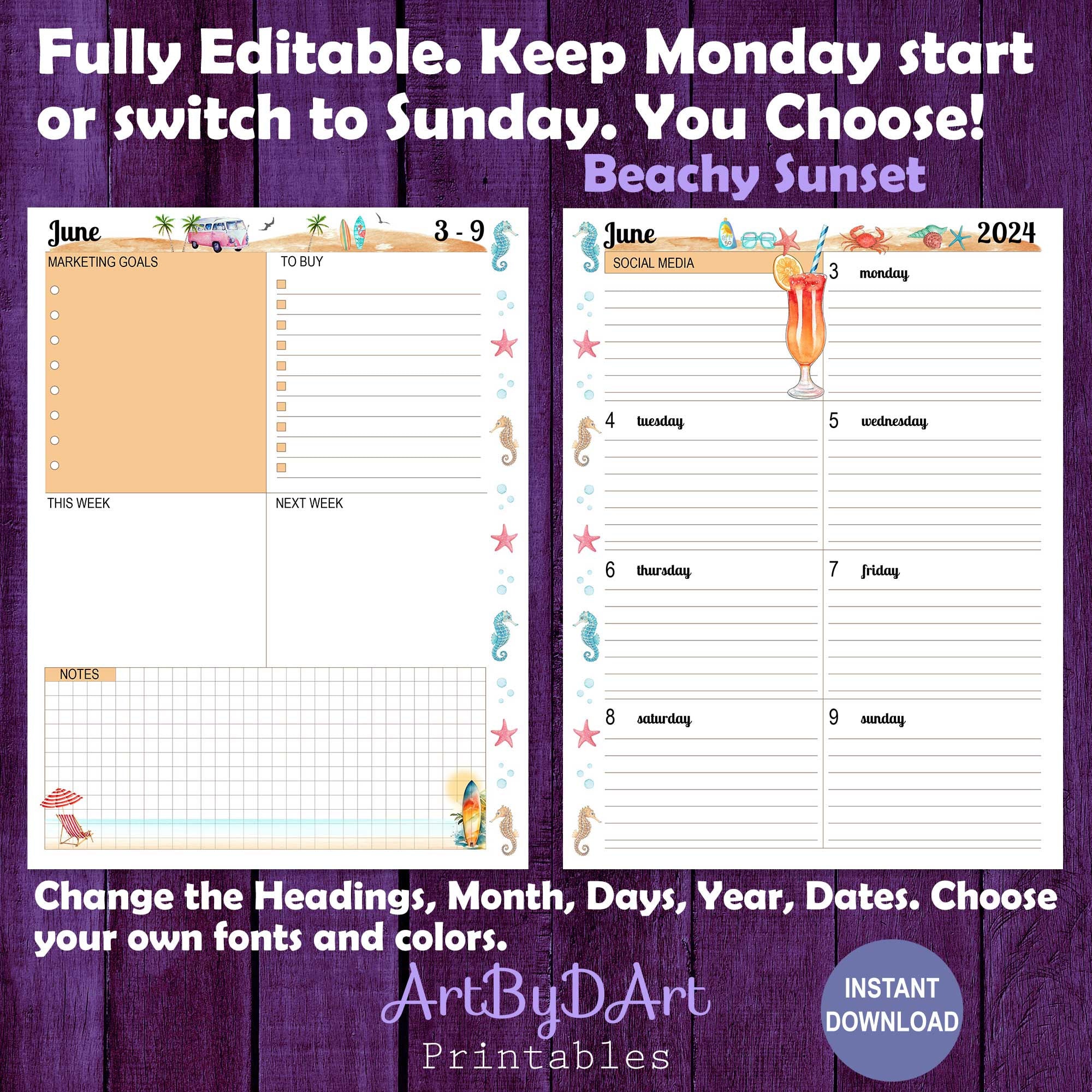 EDITABLE Beach Theme Printable Weekly Dashboard for A5, US Letter, and ...