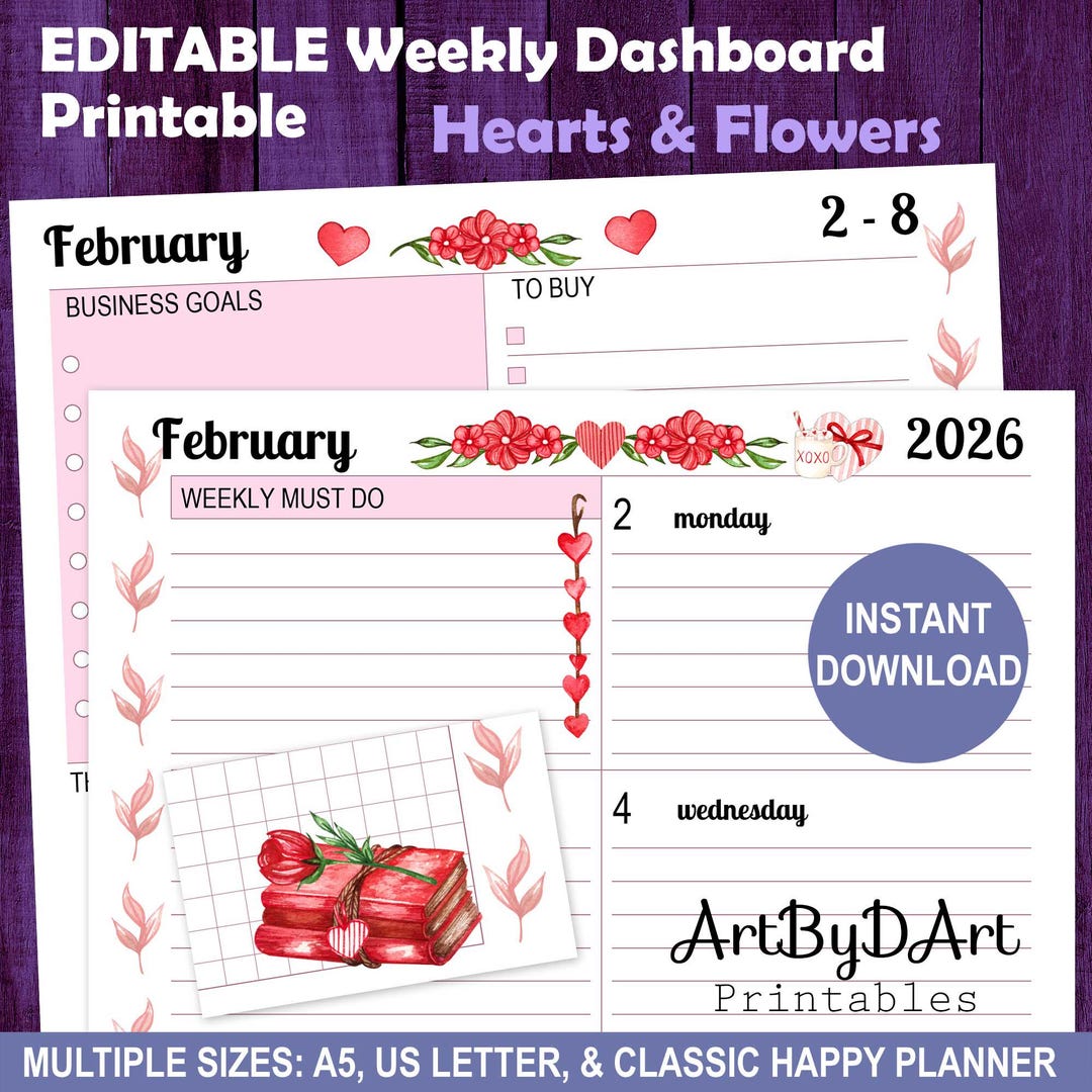 EDITABLE Valentine Theme Printable Weekly Dashboard for A5, US Letter ...
