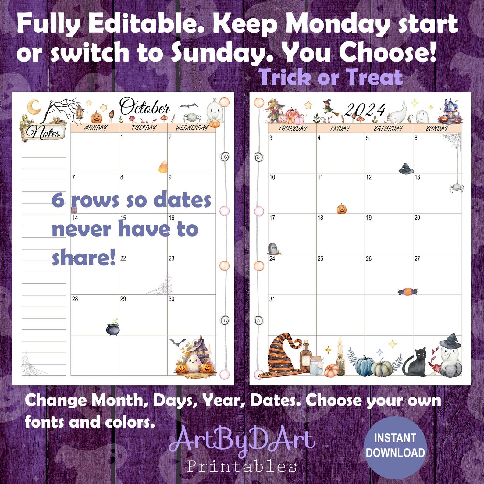 EDITABLE Halloween Theme Printable Monthly Calendar for A5, US Letter ...