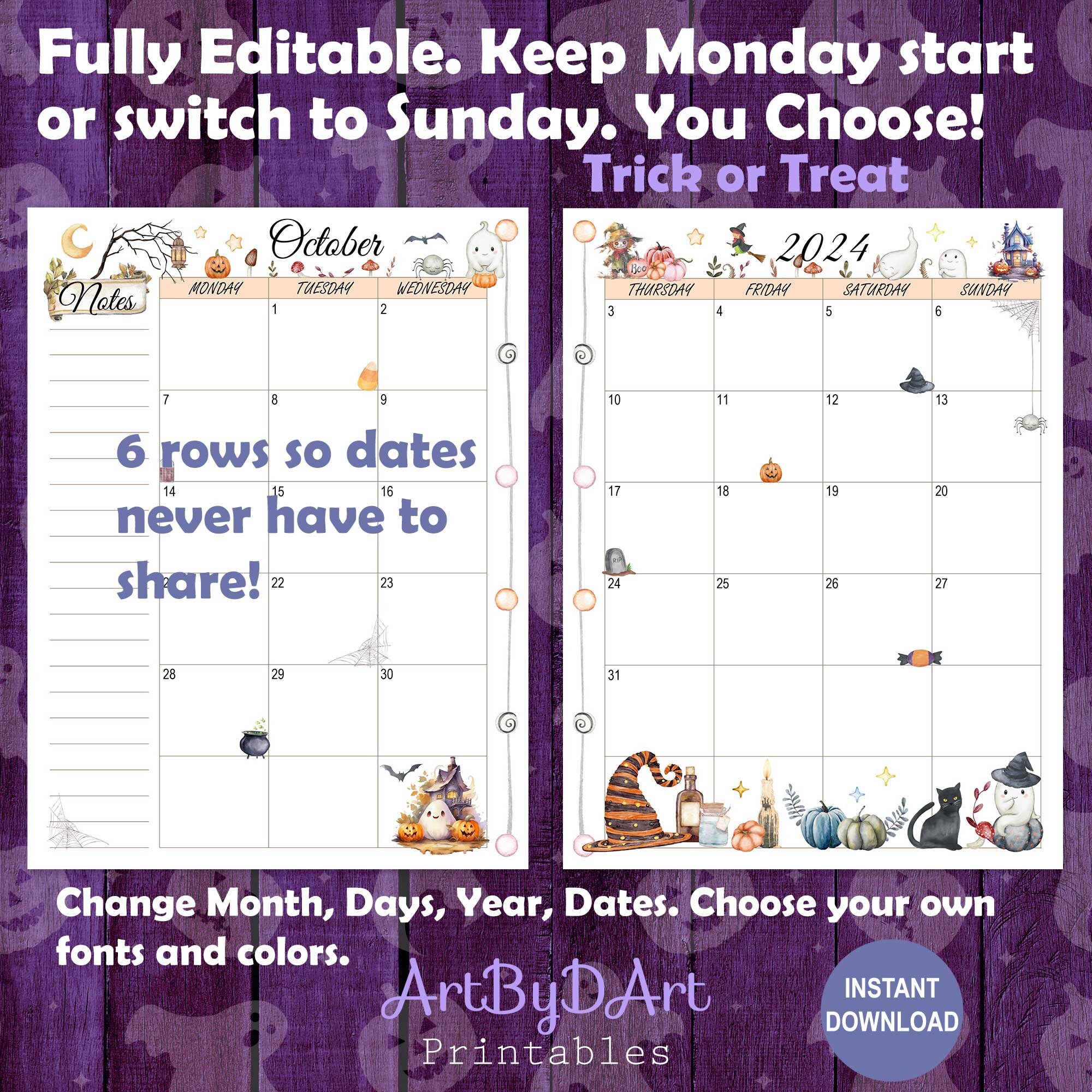 EDITABLE Halloween Theme Printable Monthly Calendar for A5, US Letter ...