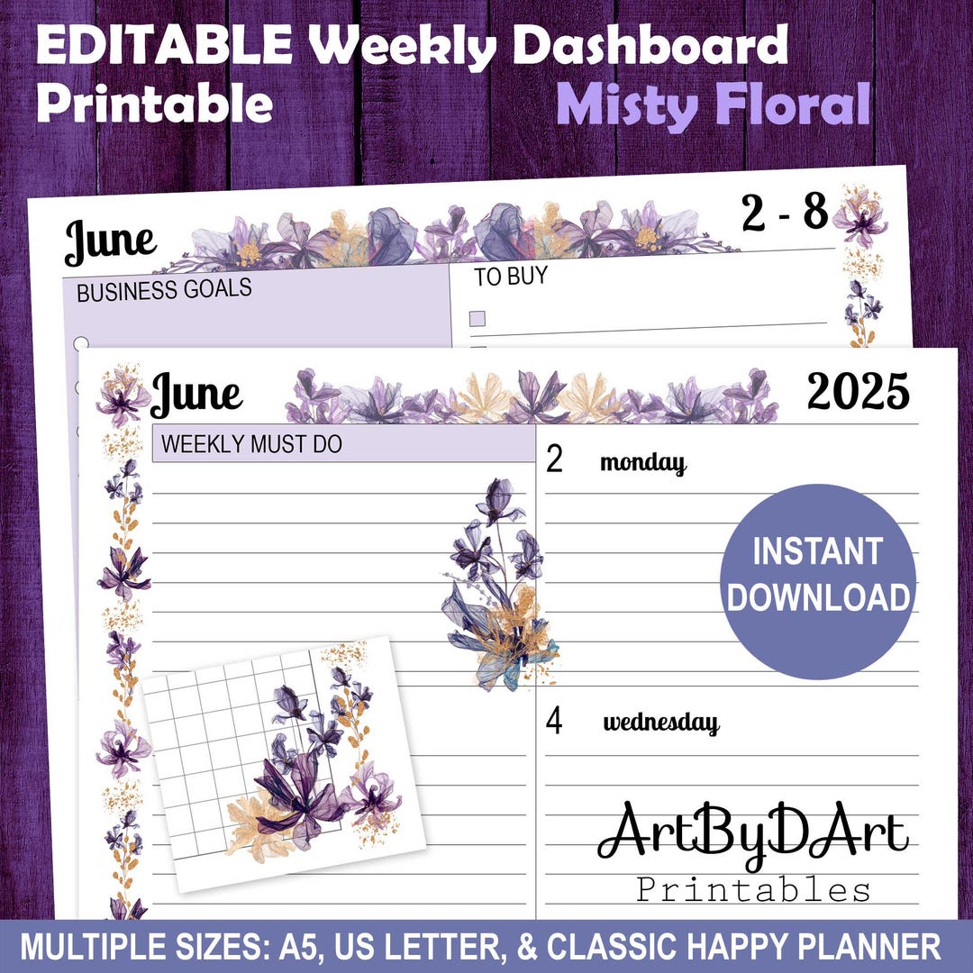 EDITABLE Floral Theme Printable Weekly Dashboard for A5, US Letter, and ...