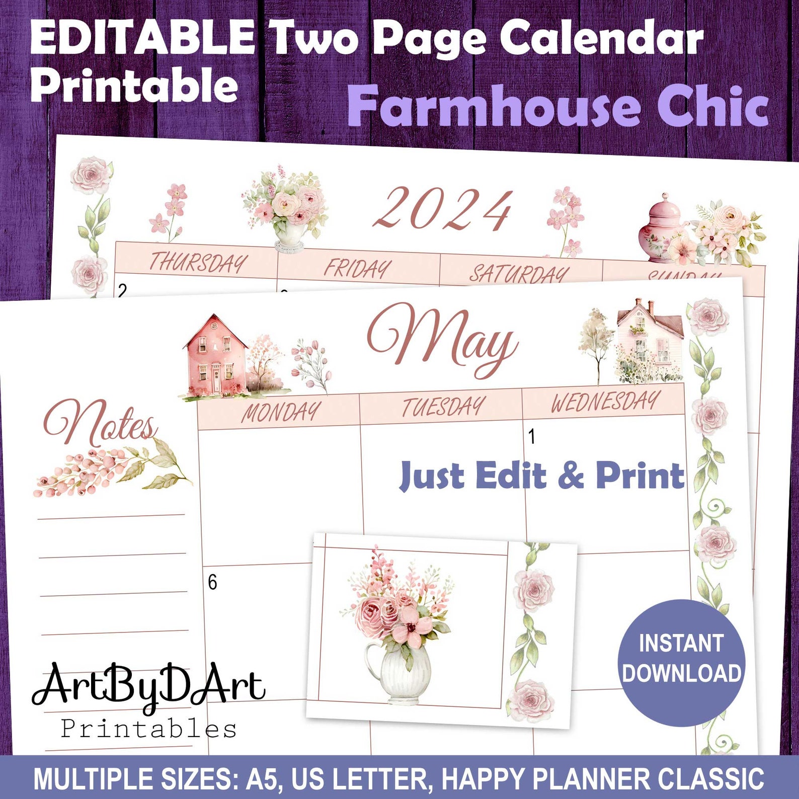 EDITABLE Shabby Chic Theme Printable Monthly Calendar for A5, US Letter ...