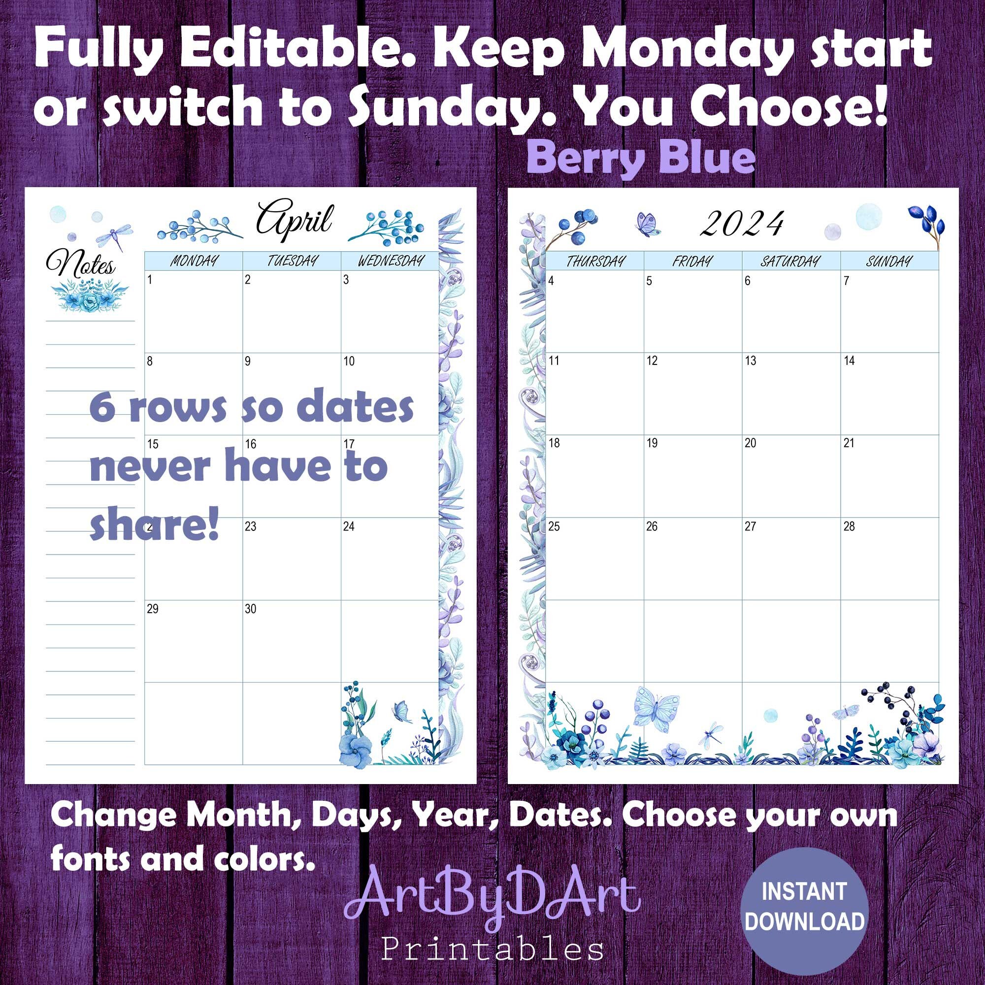 EDITABLE Floral Theme Printable Monthly Calendar for A5, US Letter, and ...
