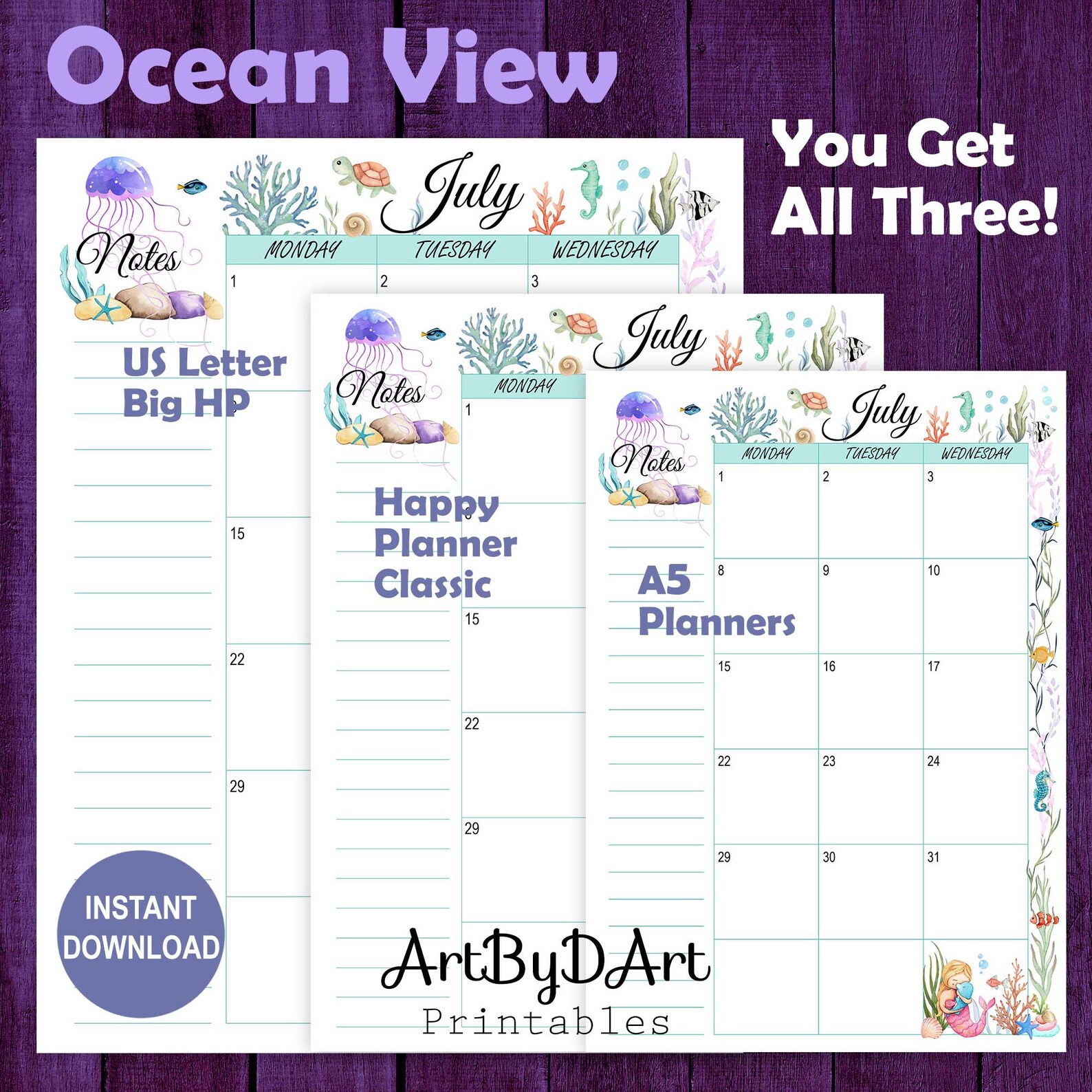 EDITABLE Mermaid Theme Printable Monthly Calendar for A5, US Letter ...