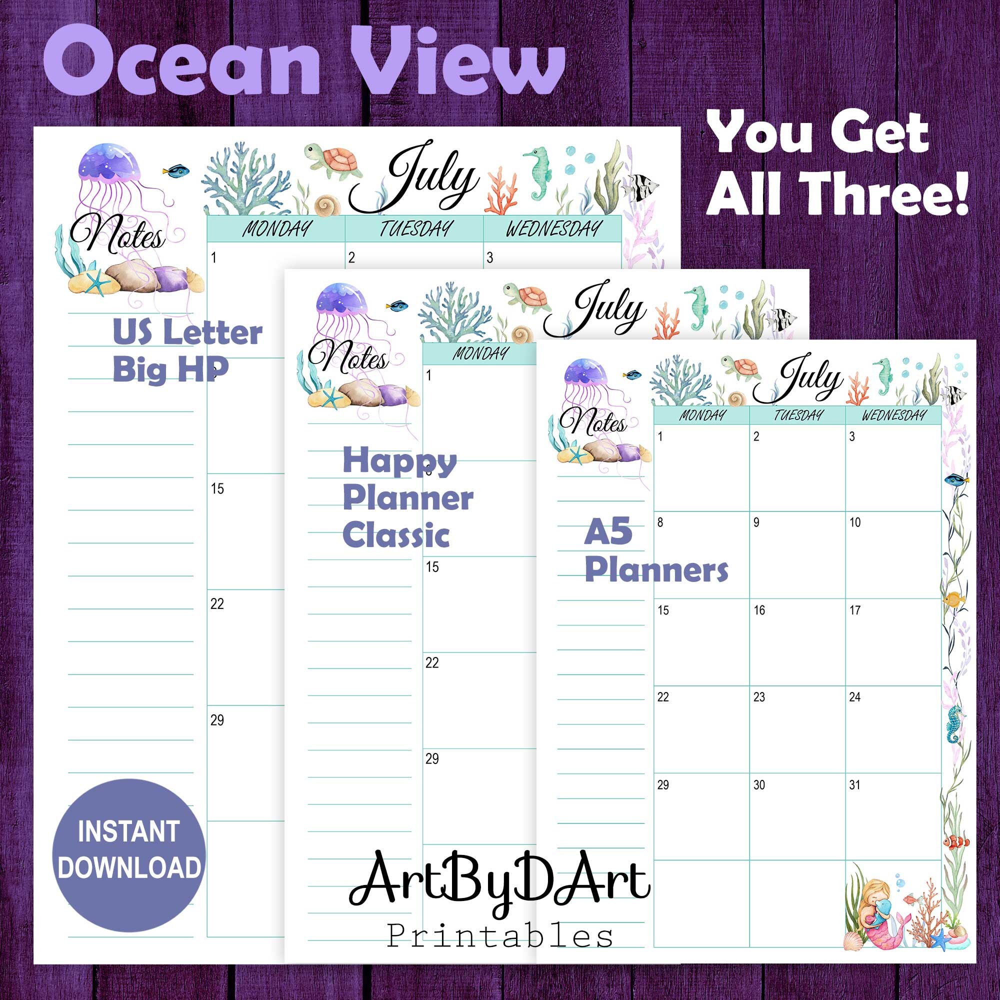 EDITABLE Mermaid Theme Printable Monthly Calendar for A5, US Letter ...