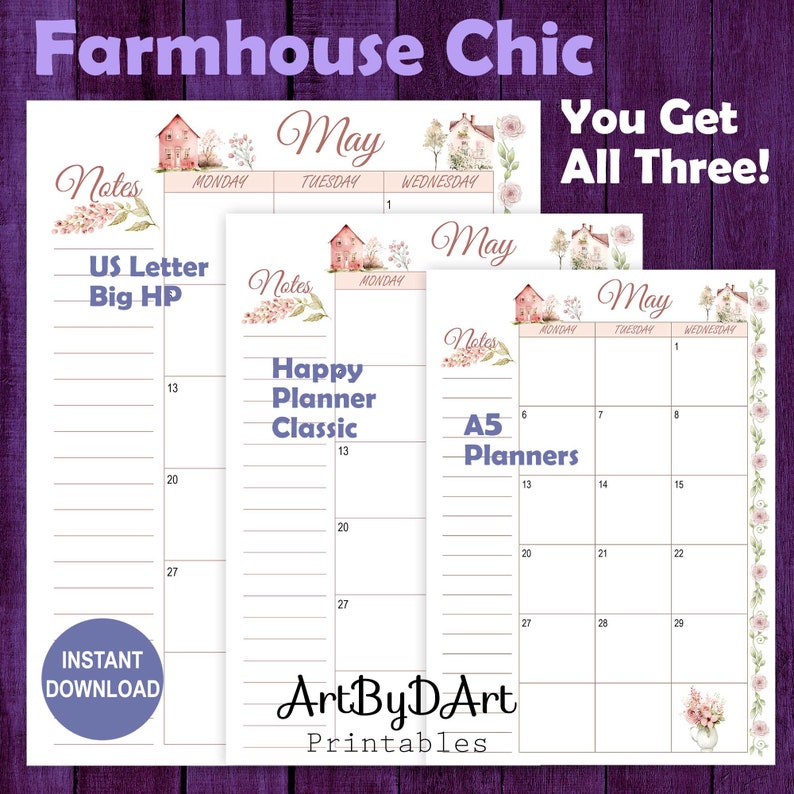 EDITABLE Shabby Chic Theme Printable Monthly Calendar for A5, US Letter ...