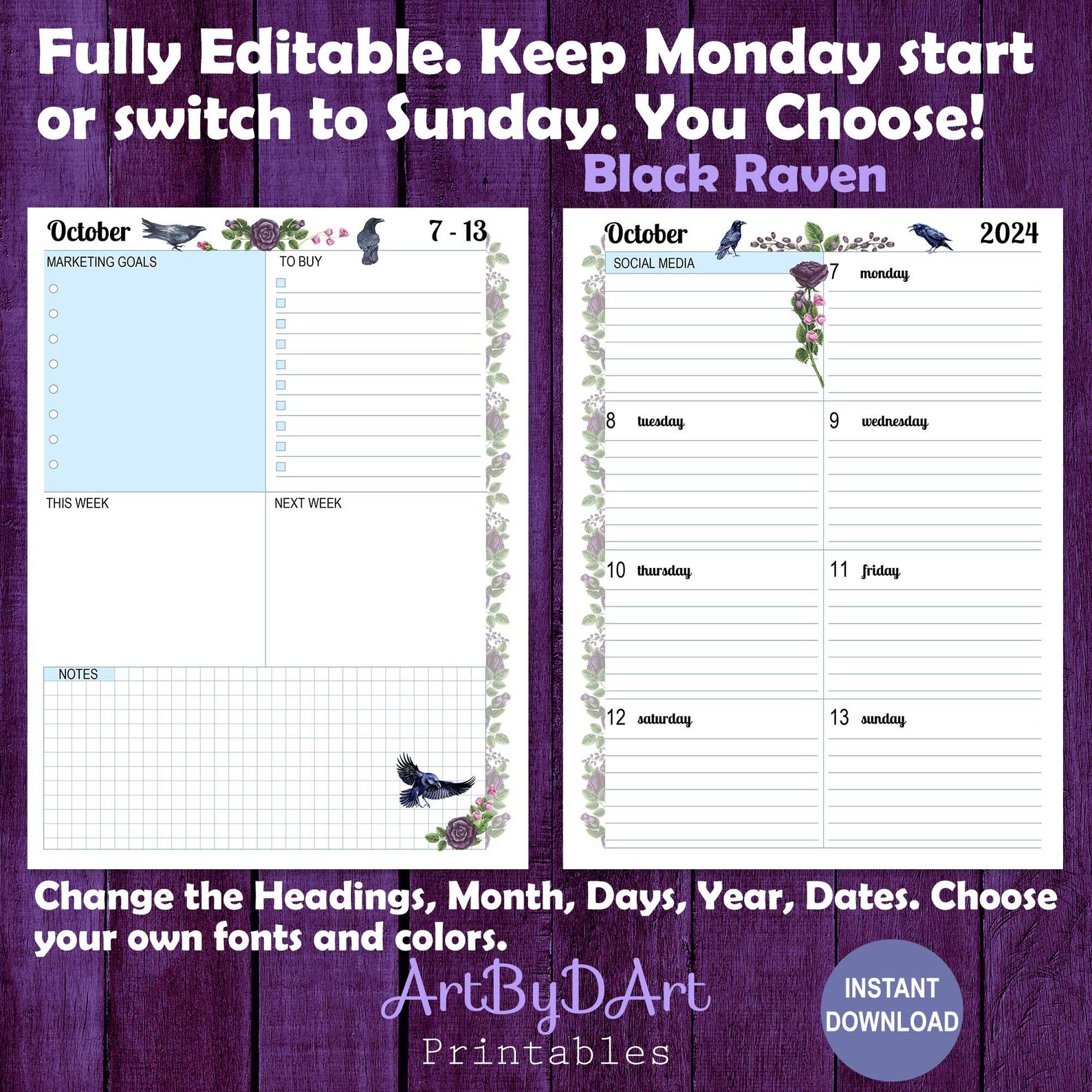EDITABLE Gothic Theme Printable Weekly Dashboard for A5, US Letter, and ...