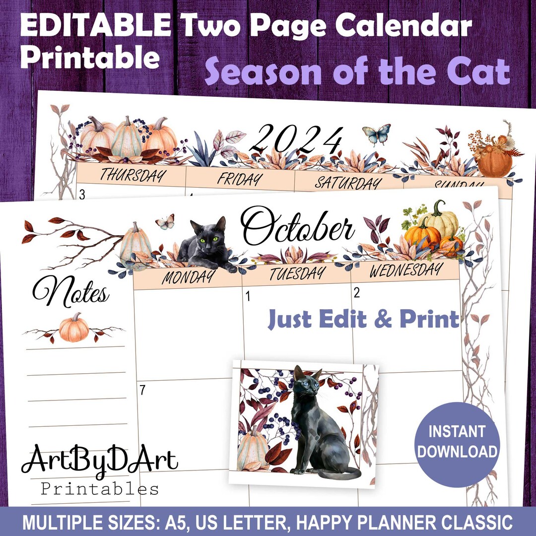 EDITABLE Halloween Theme Printable Monthly Calendar for A5, US Letter ...