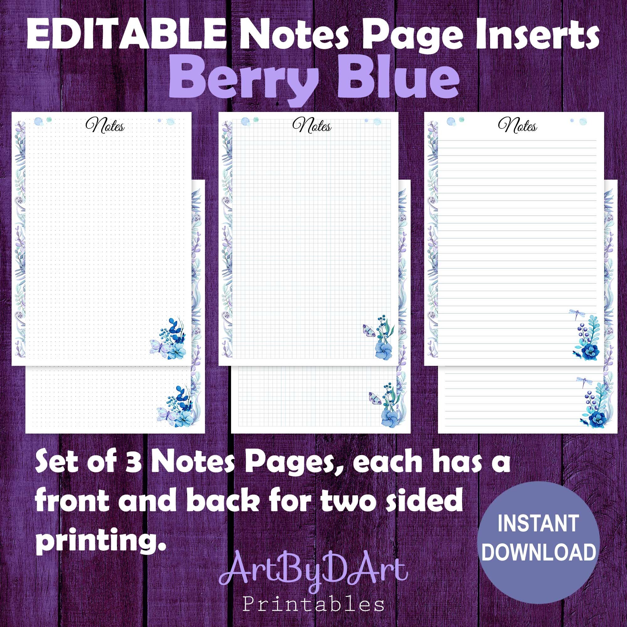 EDITABLE Planner Printable Notes Pages for A4 Planners, Berry Blue ...