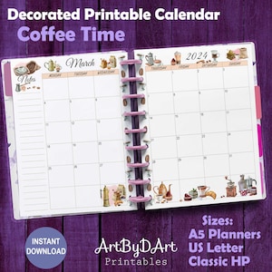 EDITABLE Coffee Theme Printable Monthly Calendar for A5, US Letter, and ...