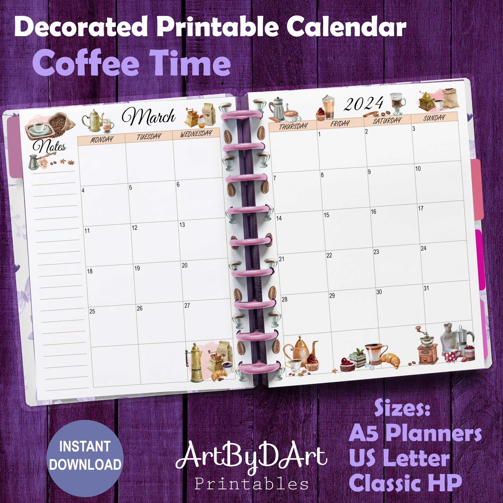 EDITABLE Coffee Theme Printable Monthly Calendar for A5, US Letter, and ...