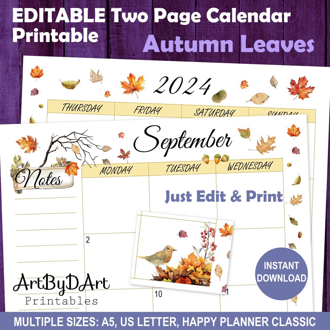 EDITABLE Fall Theme Printable Monthly Calendar for A5, US Letter, and ...