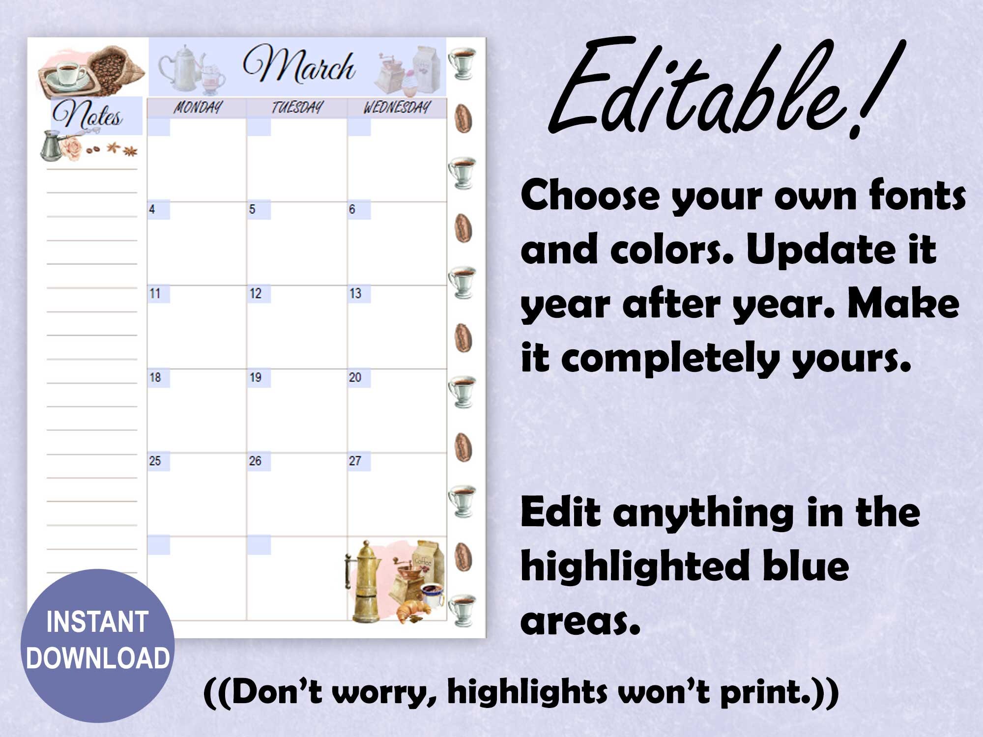 EDITABLE Coffee Theme Printable Monthly Calendar for A5, US Letter, and ...