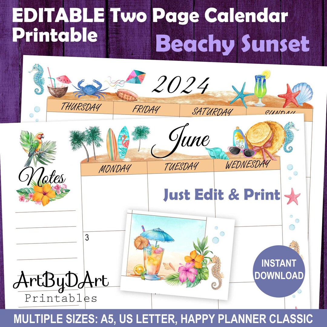 EDITABLE Beach Theme Printable Monthly Calendar for A5, US Letter, and ...