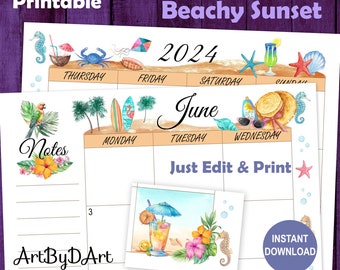 EDITABLE Mermaid Theme Printable Monthly Calendar for A5, US Letter ...