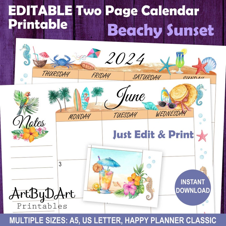 EDITABLE Beach Theme Printable Monthly Calendar for A5, US Letter, and ...