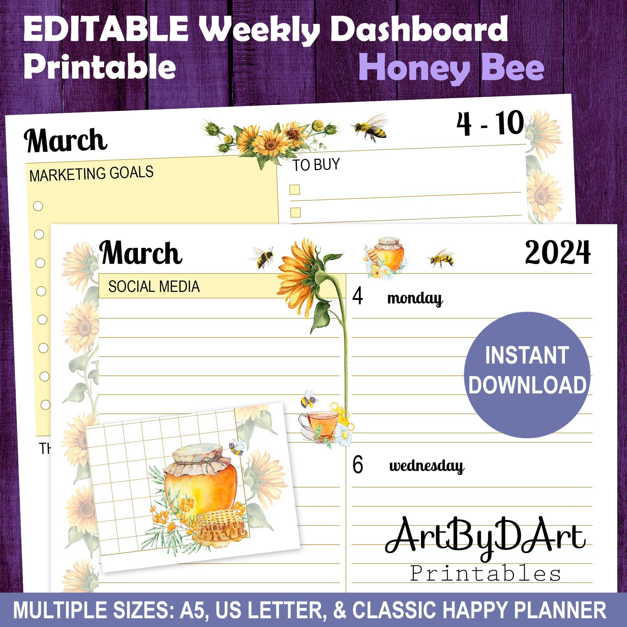 EDITABLE Sunflower Theme Printable Weekly Dashboard for A5, US Letter ...
