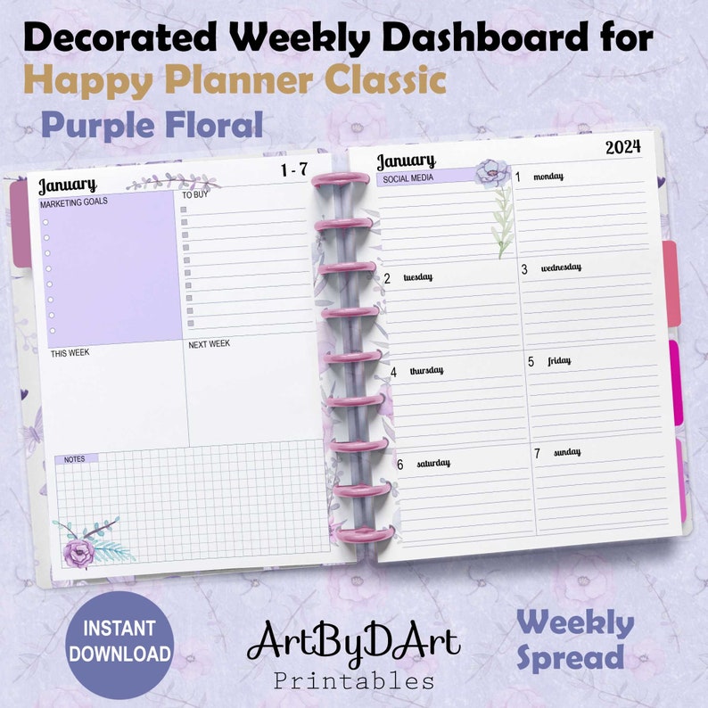 EDITABLE Happy Planner Classic Dashboard Weekly Layout, Purple Floral ...