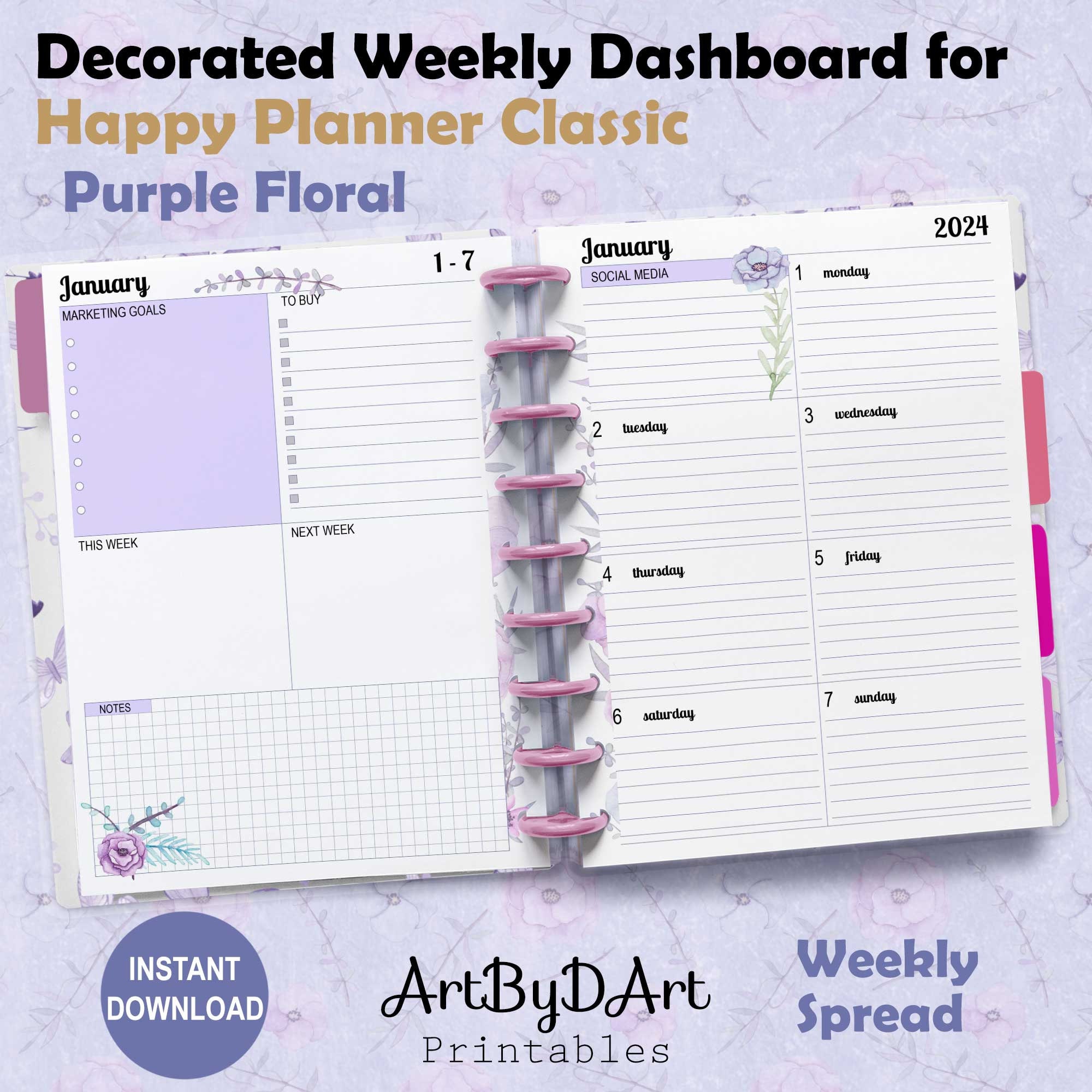 EDITABLE Happy Planner Classic Dashboard Weekly Layout, Purple Floral ...