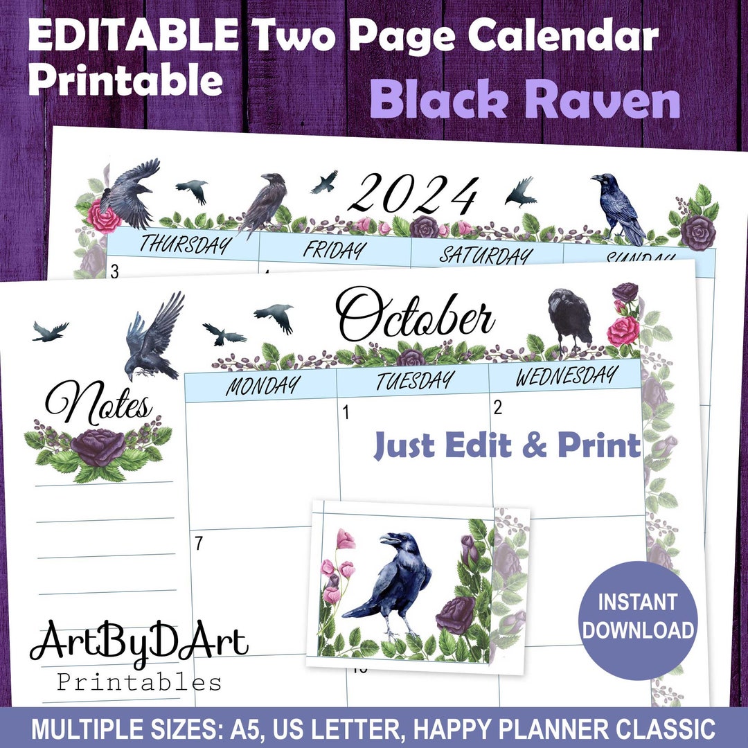 EDITABLE Gothic Theme Printable Monthly Calendar for A5, US Letter, and ...