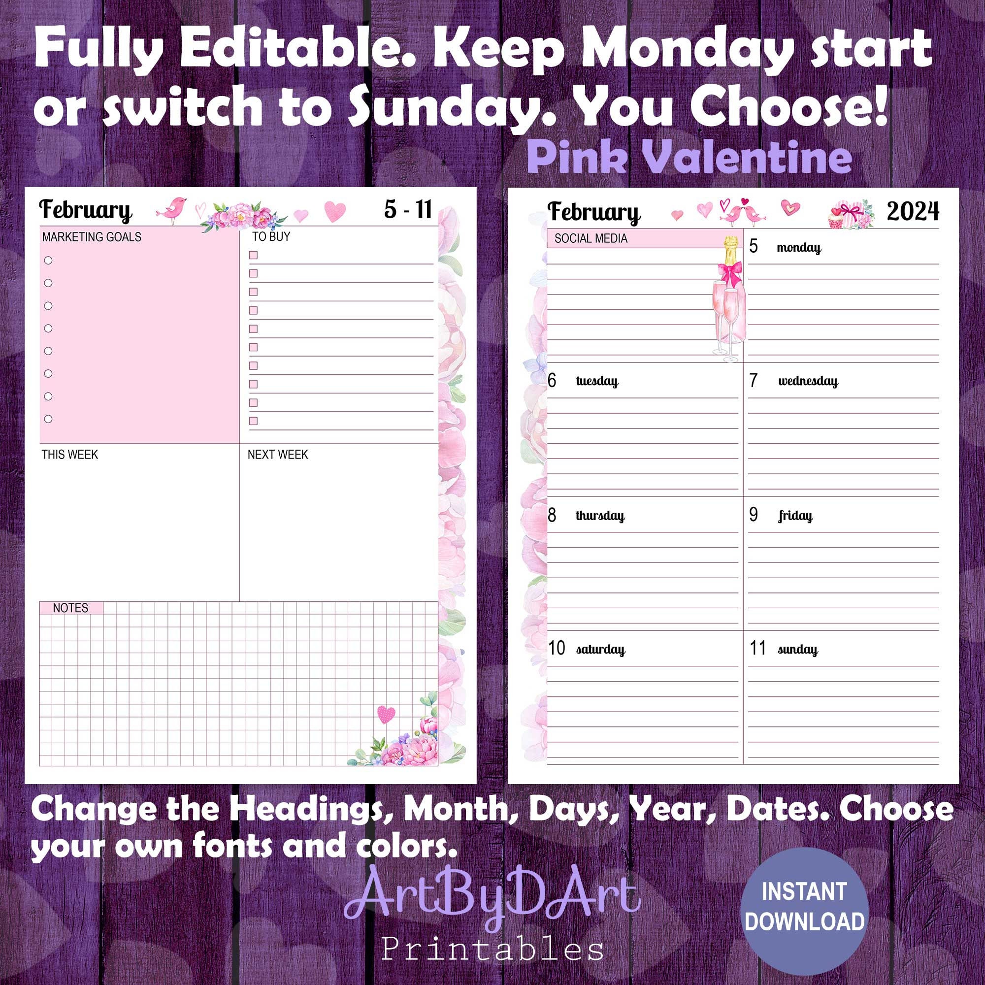 EDITABLE Valentine Theme Printable Weekly Dashboard for A5, US Letter ...