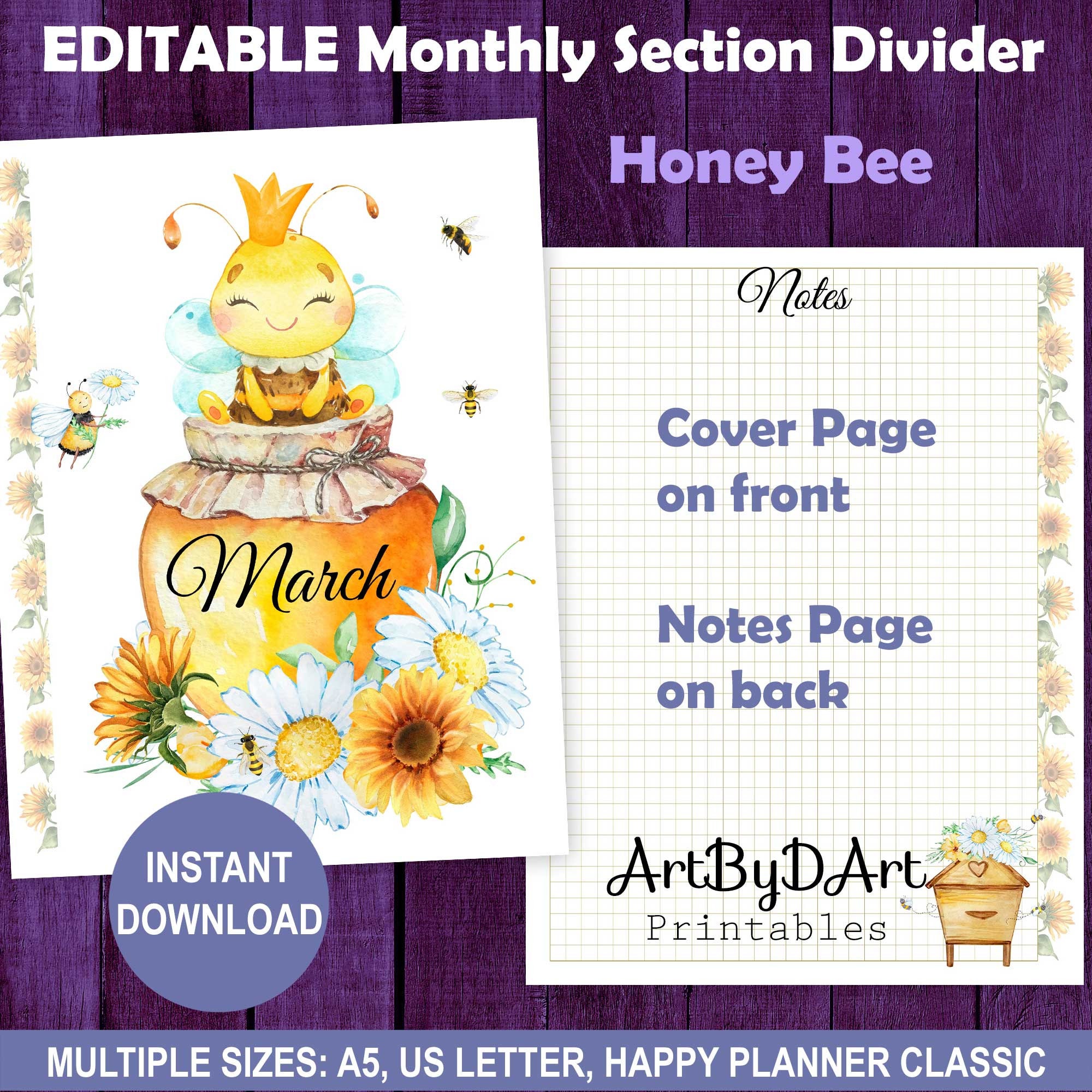 EDITABLE Sunflower Theme Printable Divider/cover & Notes for A5, US ...