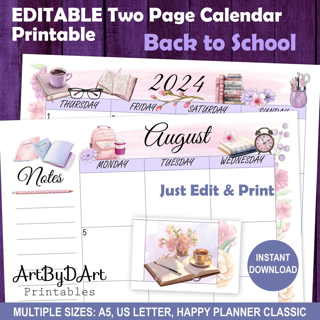 EDITABLE School Theme Printable Monthly Calendar for A5, US Letter, and ...