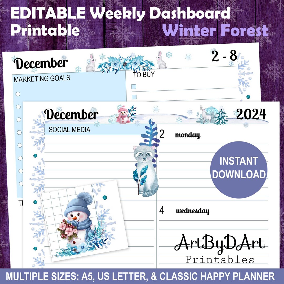 EDITABLE Winter Theme Printable Weekly Dashboard for A5, US Letter, and ...