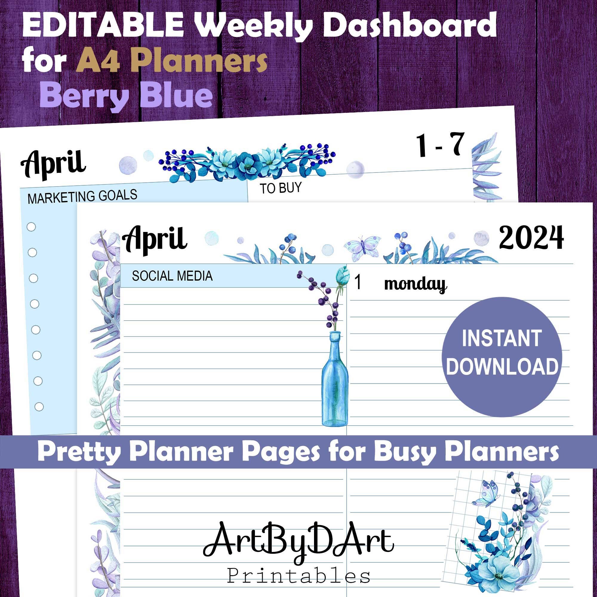 EDITABLE A4 Planner Printable Dashboard Weekly Layout in Berry Blue ...