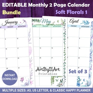 EDITABLE Floral Theme Printable Calendar Bundle of 3 Designs for A5, US ...