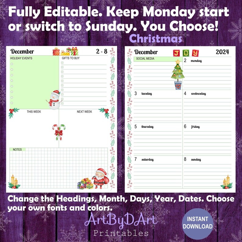 EDITABLE Festive Theme Printable Weekly Dashboard for A5, US Letter ...