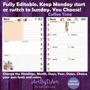 EDITABLE Coffee Theme Printable Weekly Dashboard for A5, US Letter, and ...