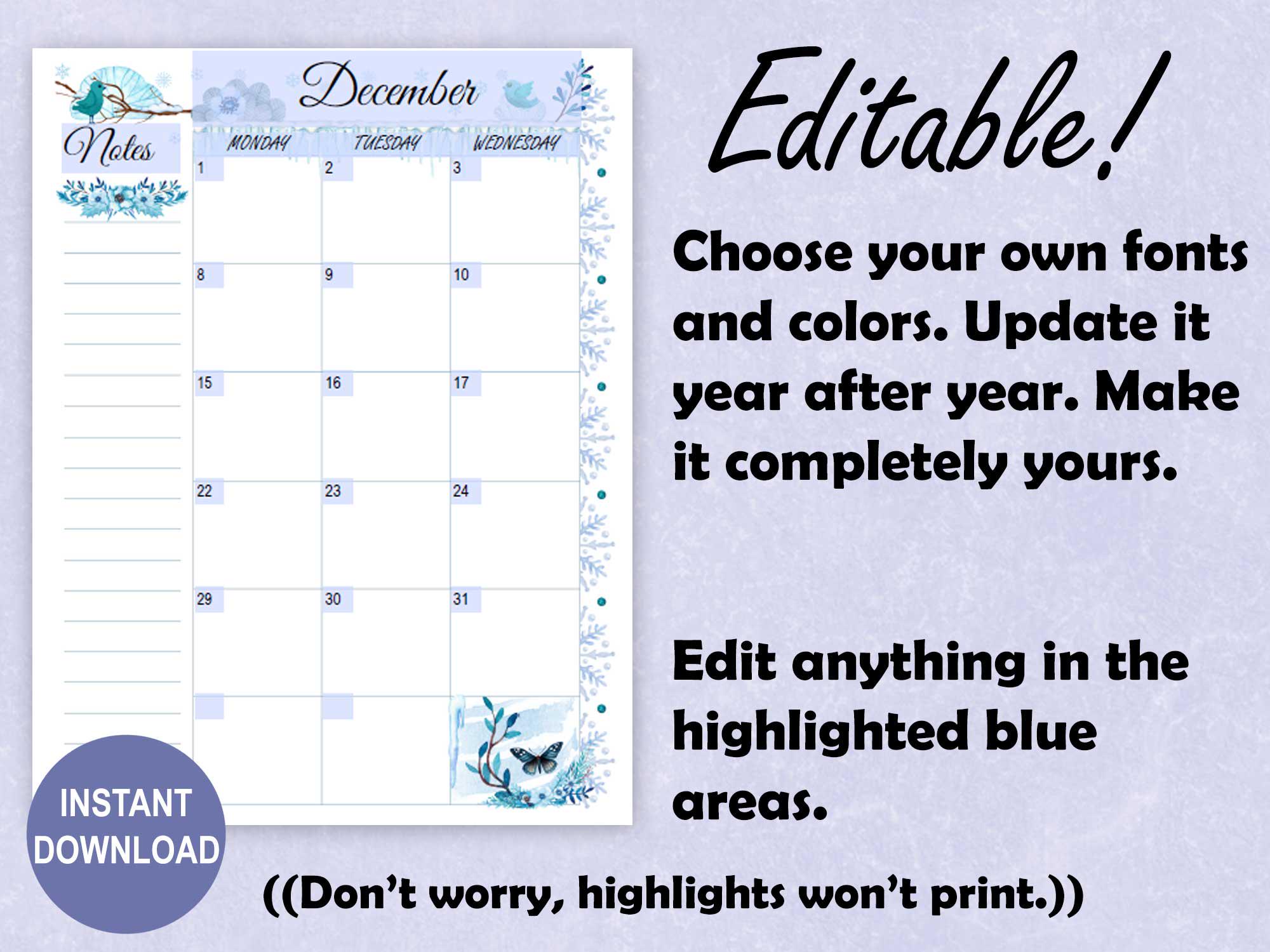 EDITABLE Winter Theme Printable Monthly Calendar for A5, US Letter, and ...