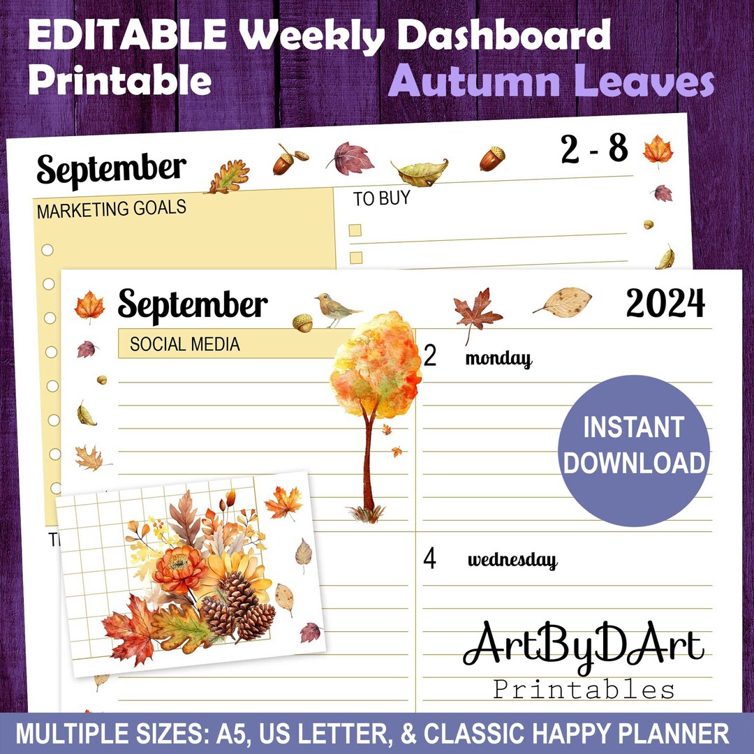 EDITABLE Fall Theme Printable Weekly Dashboard for A5, US Letter, and ...