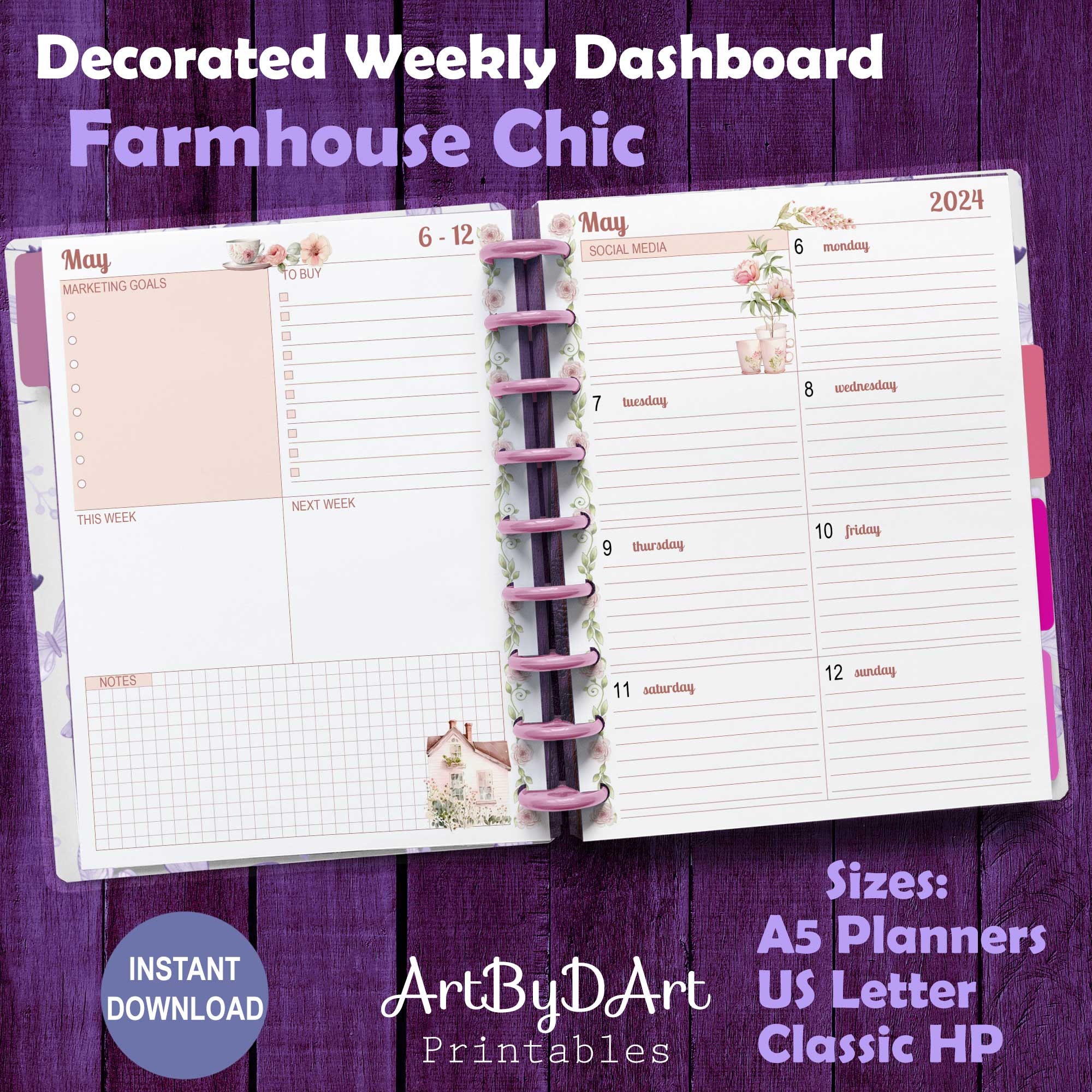 EDITABLE Shabby Chic Theme Printable Weekly Dashboard for A5, US Letter ...