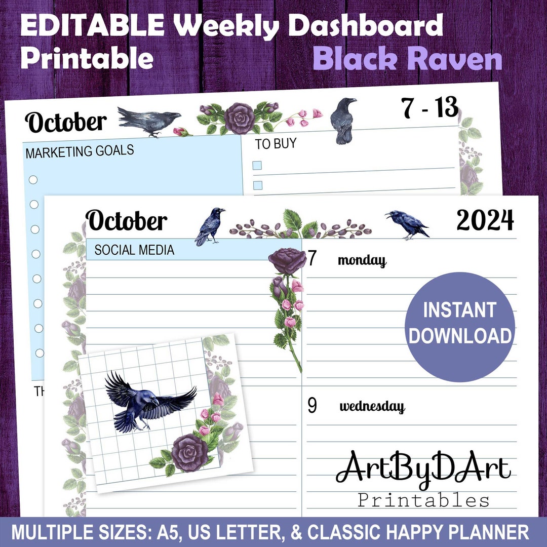 EDITABLE Gothic Theme Printable Weekly Dashboard for A5, US Letter, and ...