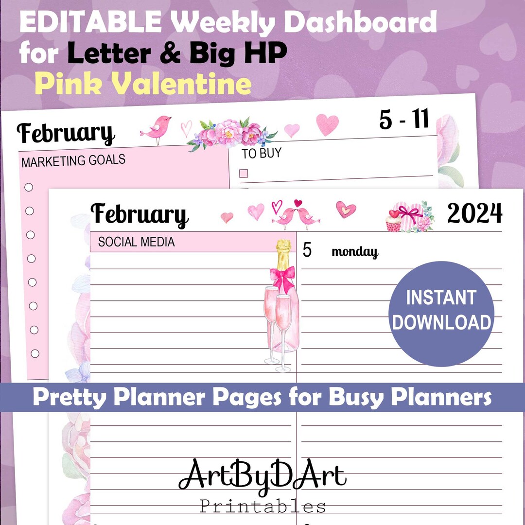 EDITABLE Valentine Theme Printable Weekly Dashboard for Letter Size and ...