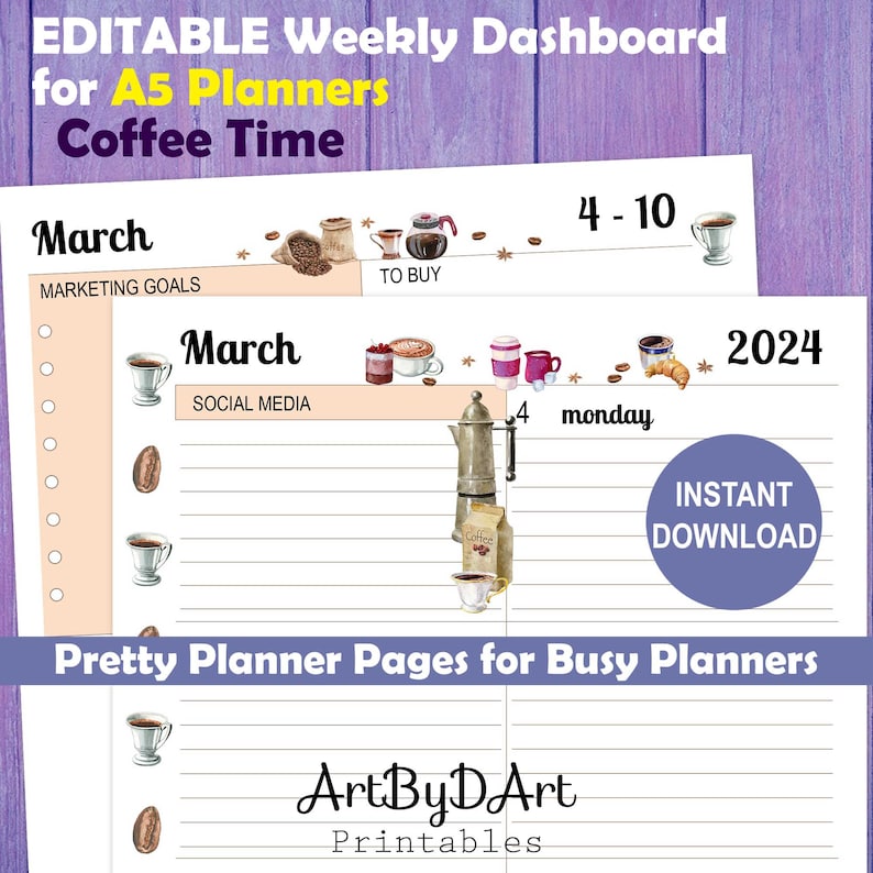 EDITABLE A5 Planner Printable Dashboard Weekly Layout With a Coffee ...