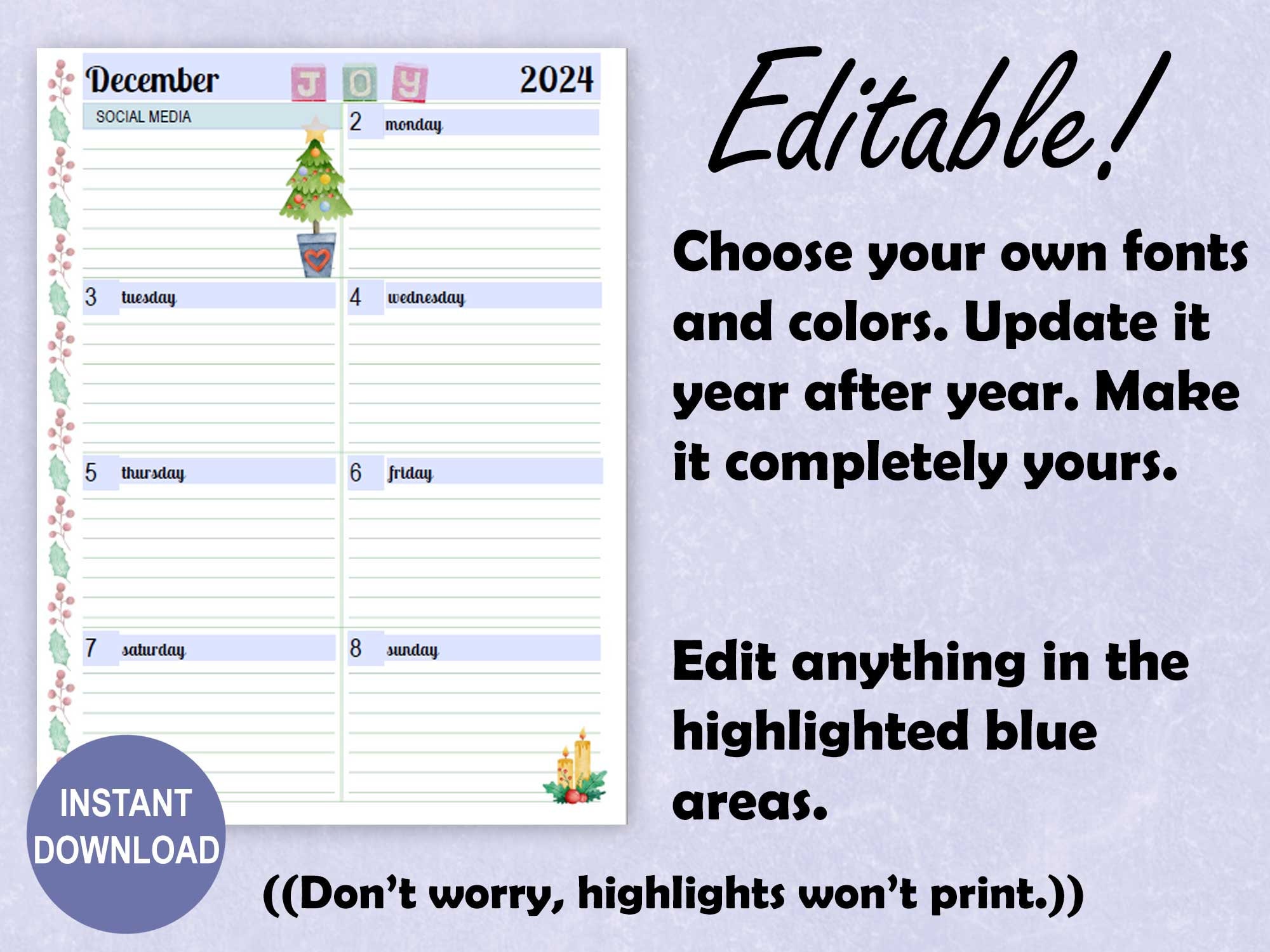 EDITABLE Festive Theme Printable Weekly Dashboard for A5, US Letter ...