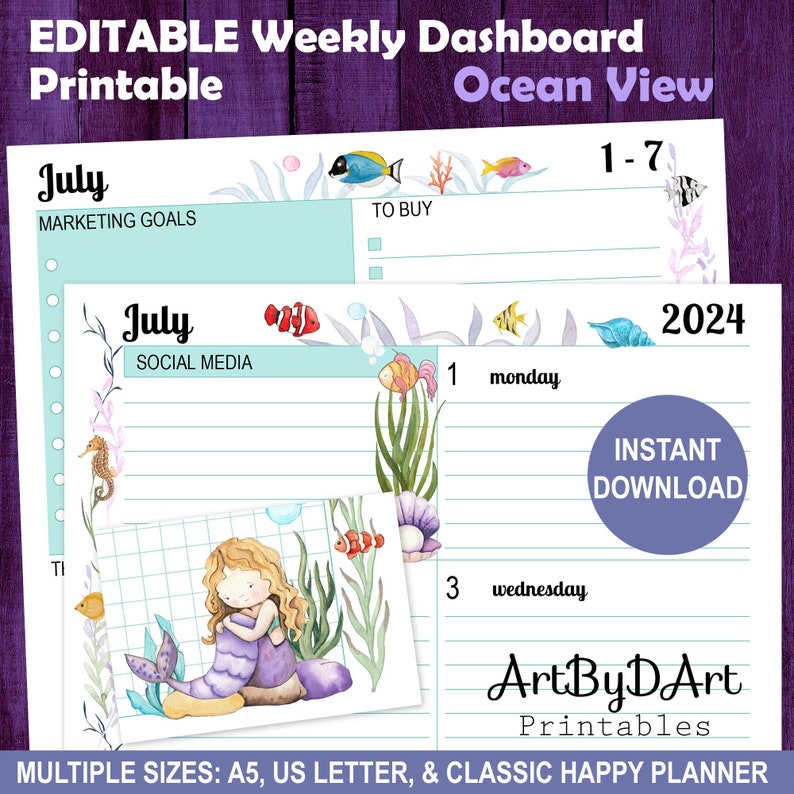 EDITABLE Mermaid Theme Printable Weekly Dashboard for A5, US Letter ...