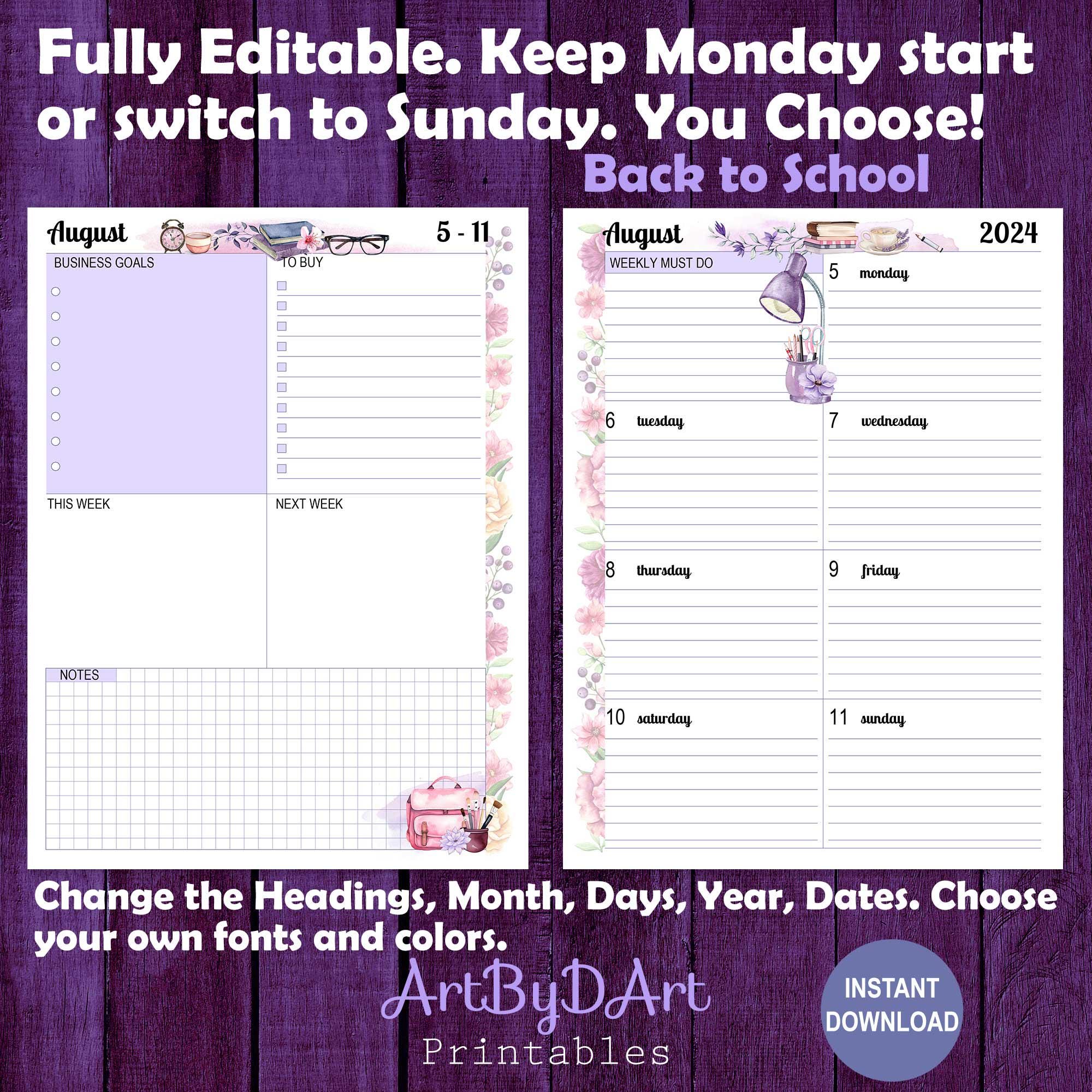 EDITABLE School Theme Printable Weekly Dashboard for A5, US Letter, and ...