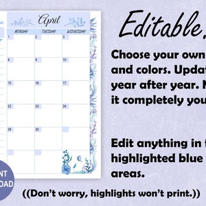 EDITABLE Floral Theme Printable Monthly Calendar for A5, US Letter, and ...