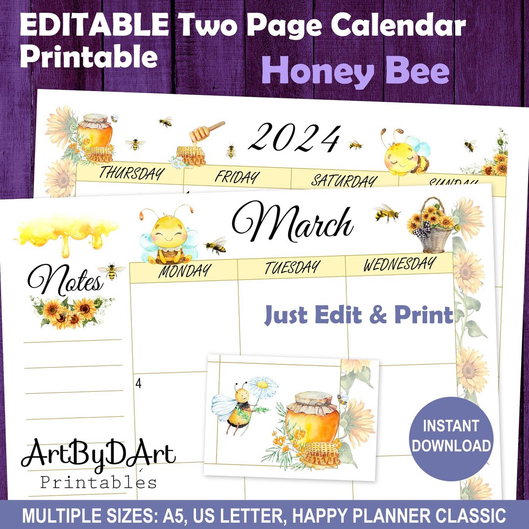 EDITABLE Sunflower Theme Printable Monthly Calendar for A5, US Letter ...