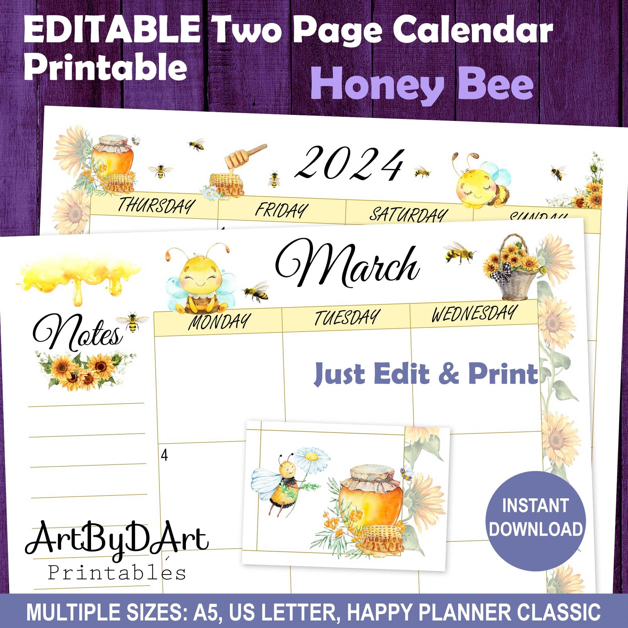 EDITABLE Sunflower Theme Printable Monthly Calendar for A5, US Letter ...